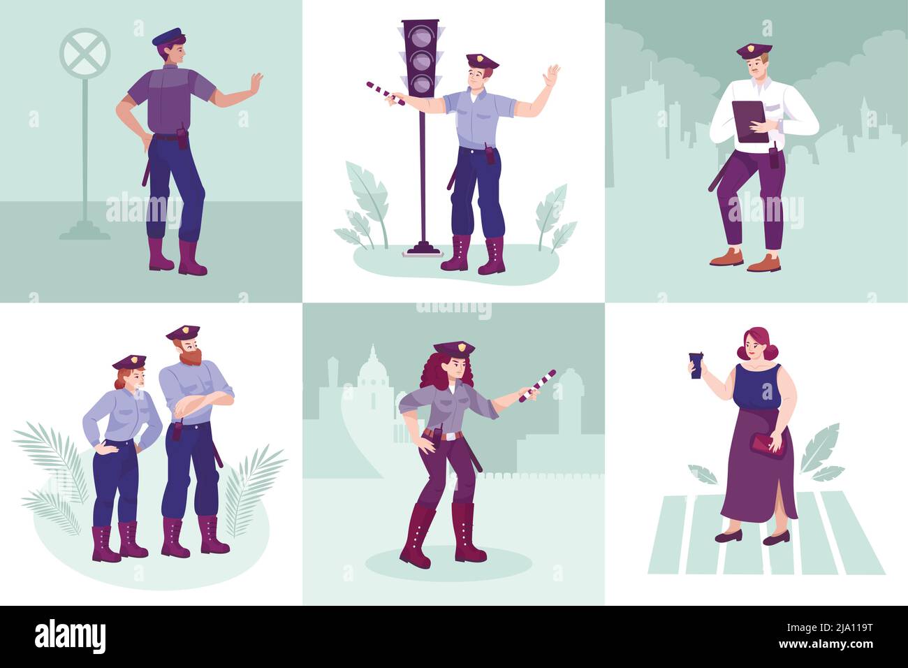 Traffic police square set with traffic control symbols flat isolated ...