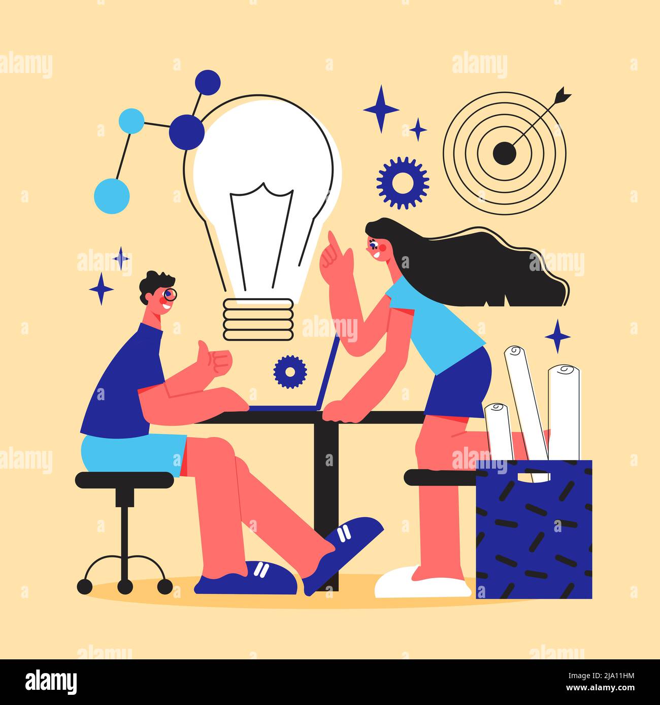 Brainstorm line style colored poster with young creative man and woman ...