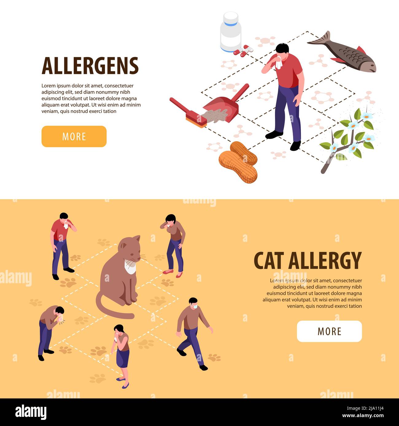 Isometric set of two horizontal banners with people having cat allergy ...