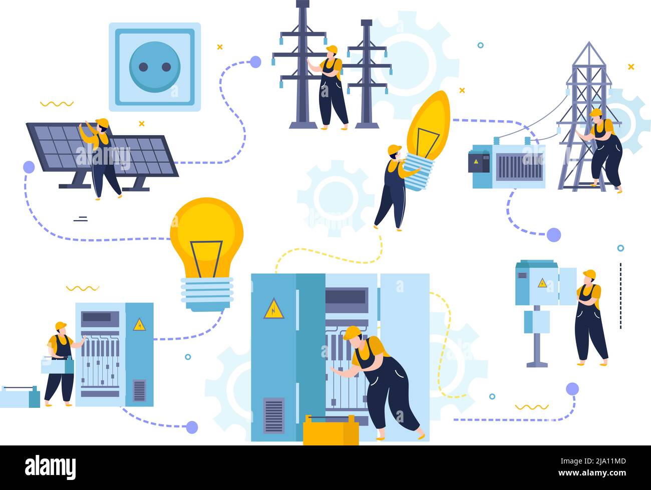 Electricity and lighting flat composition with characters of electrical ...
