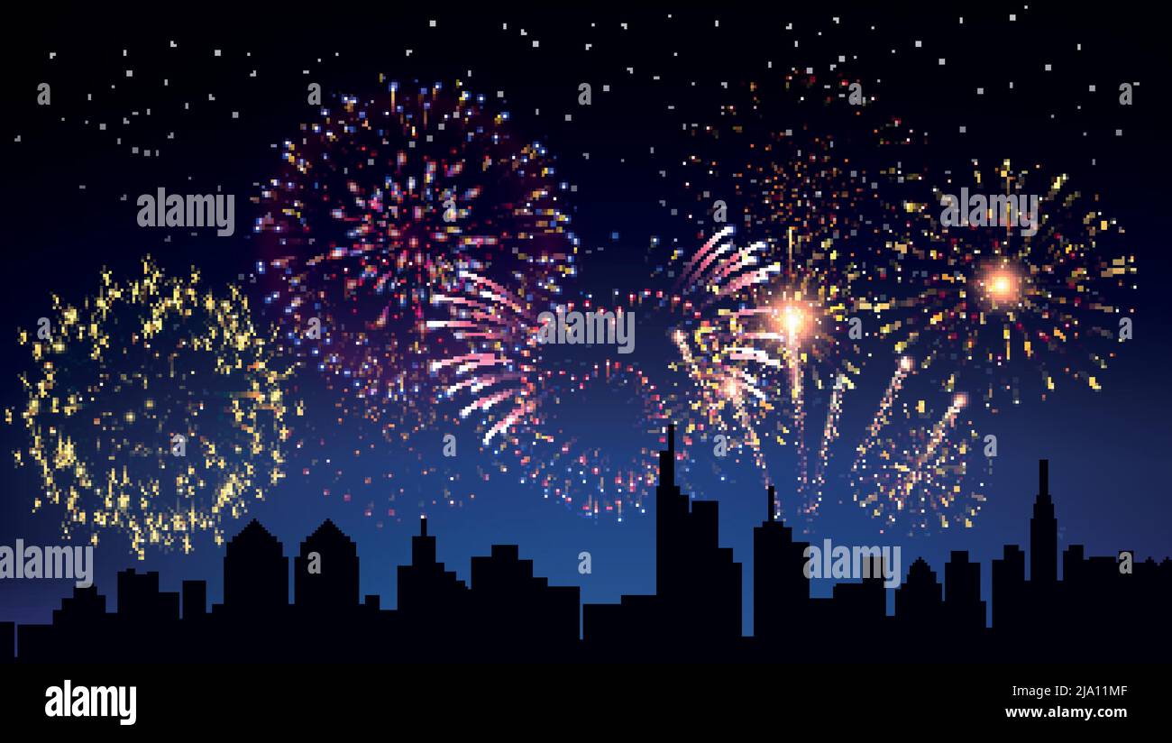 Pyrotechnics and fireworks in city background with city sky realistic ...