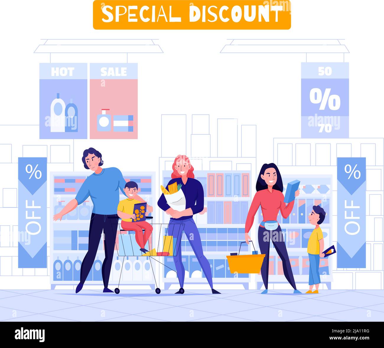 Supermarket and customers background with special discount symbols flat vector illustration ...