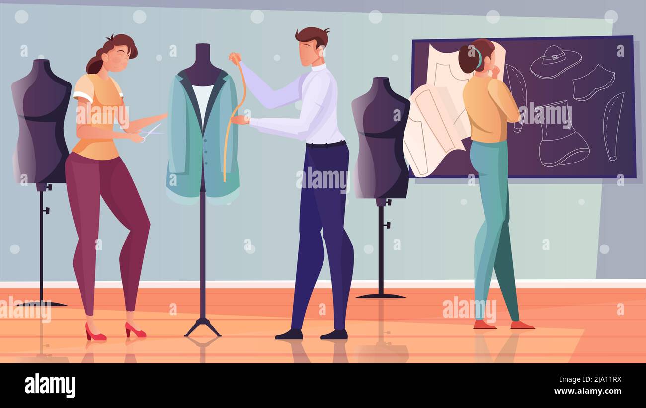 Clothes modeling flat background with fashion designers developing new ...