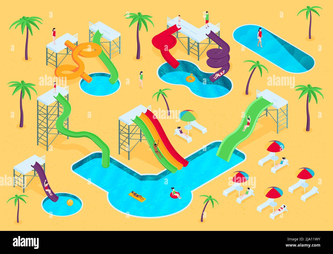 Isometric Water Aqua Park Composition With Outdoor View Of Beach With