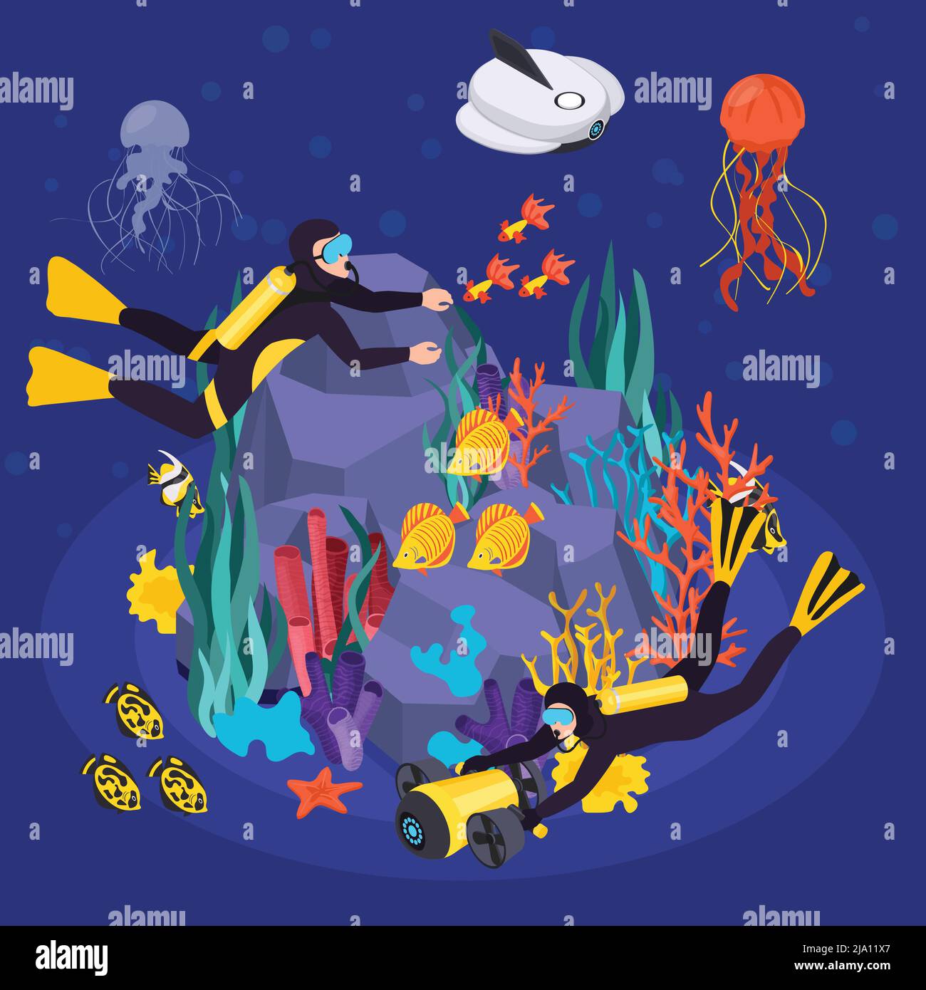 Isometric underwater vehicles machines equipment concept two divers and ...
