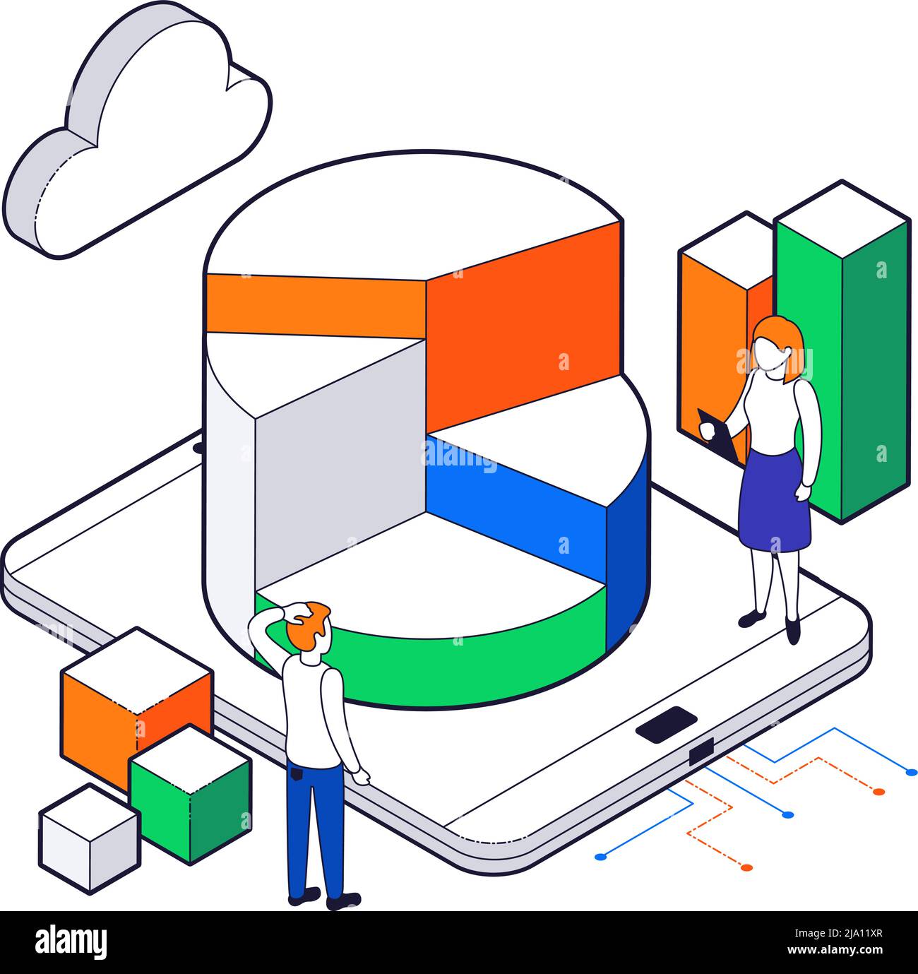 Colored big data science analysis isometric two people analyze the work of a smartphone vector ...