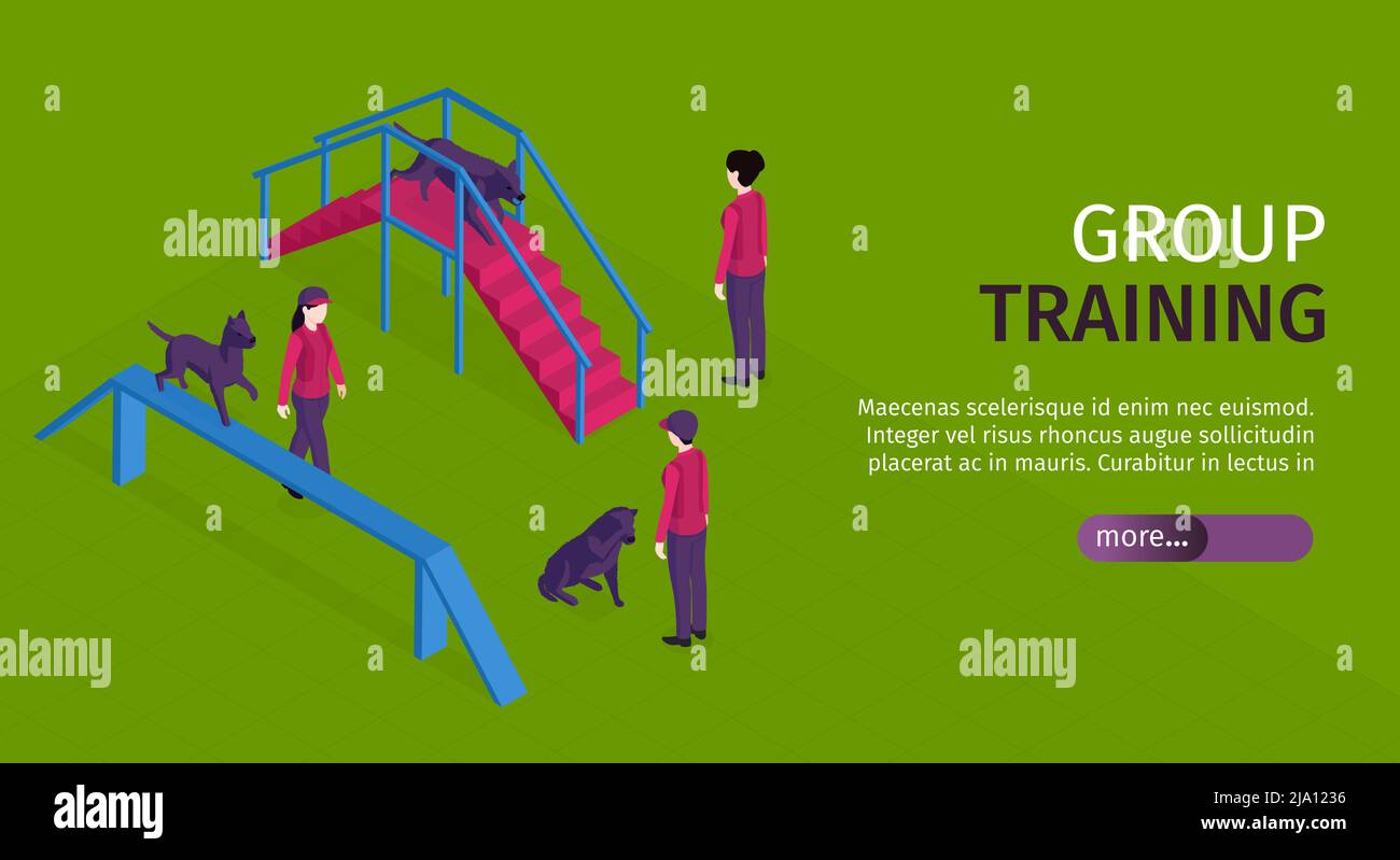 Isometric dog training horizontal banner with editable text silder ...