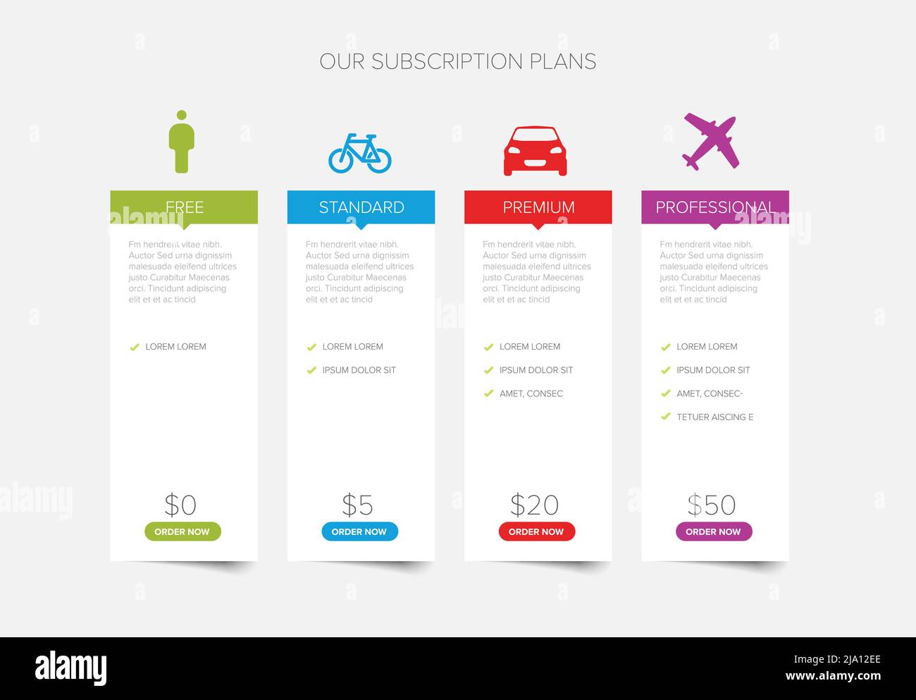Pricing table light template with four options product subscription ...