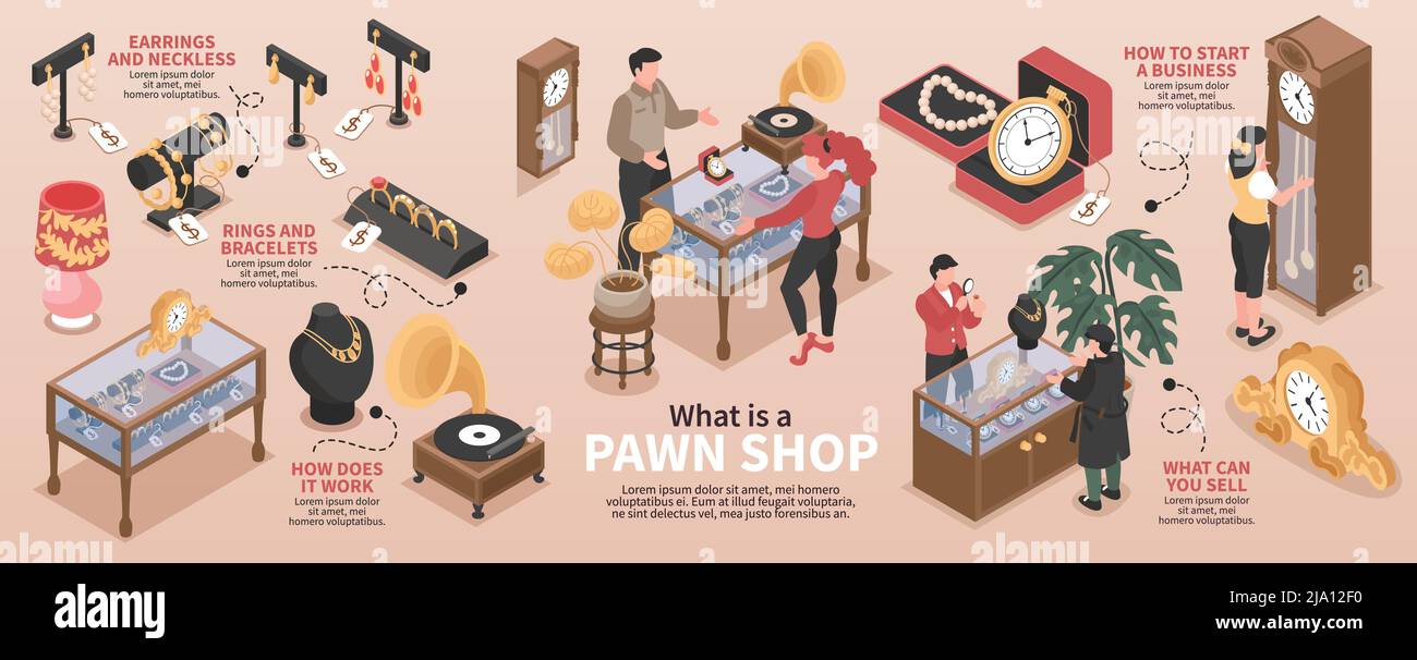 Pawn shop isometric infographics layout with images of valuable items ...