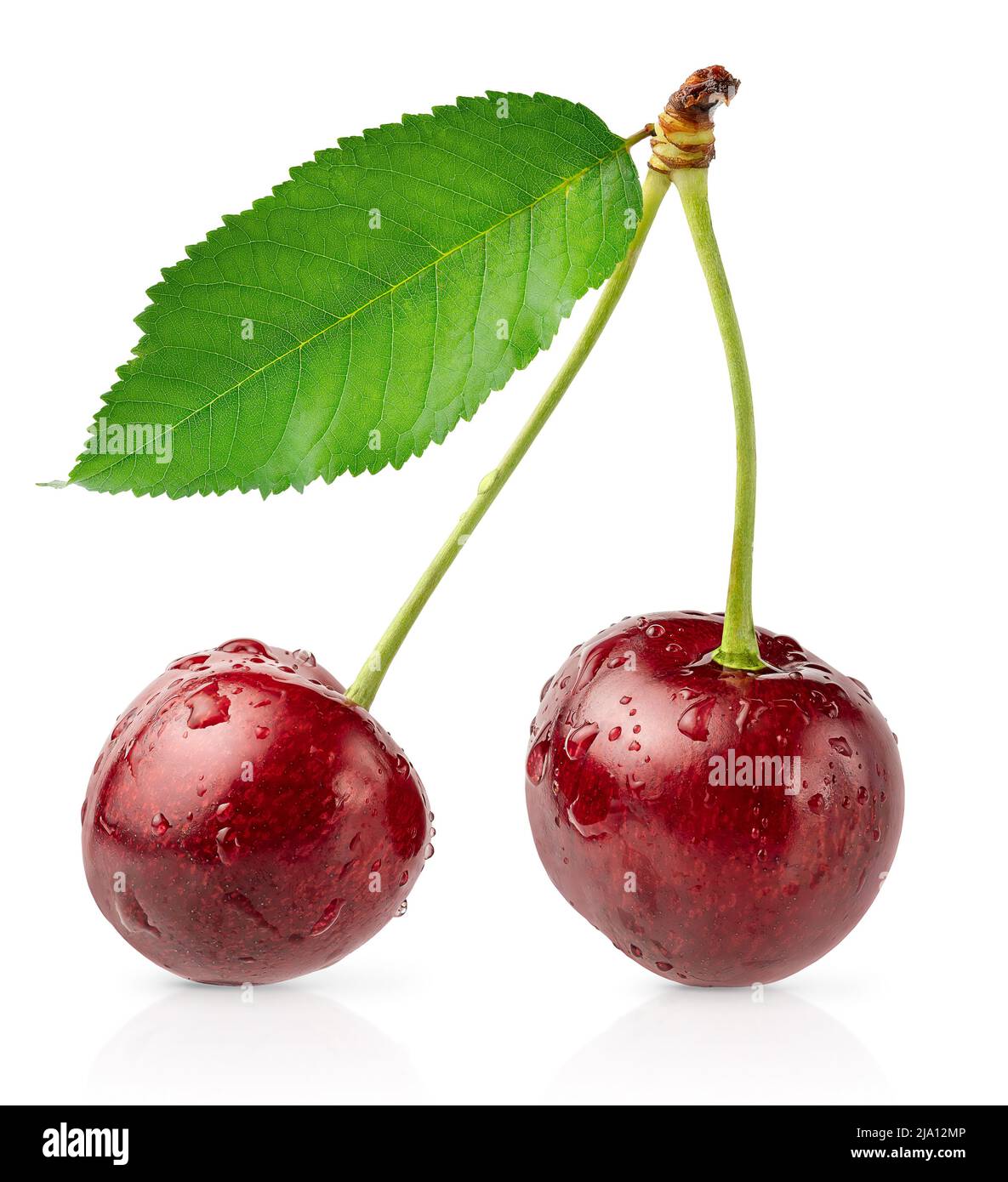 Two cherries and green leaf with clipping path, isolated Stock Photo ...