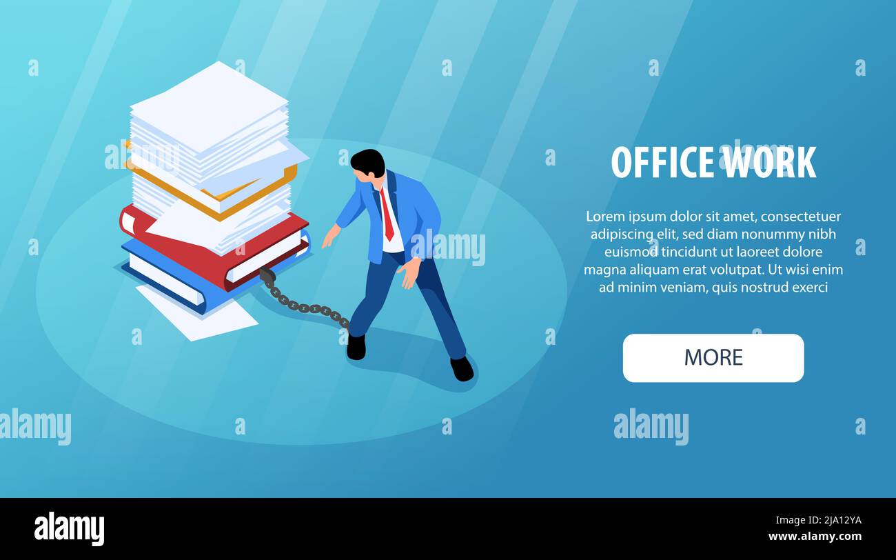 Isometric unorganized office work horizontal banner with editable text ...