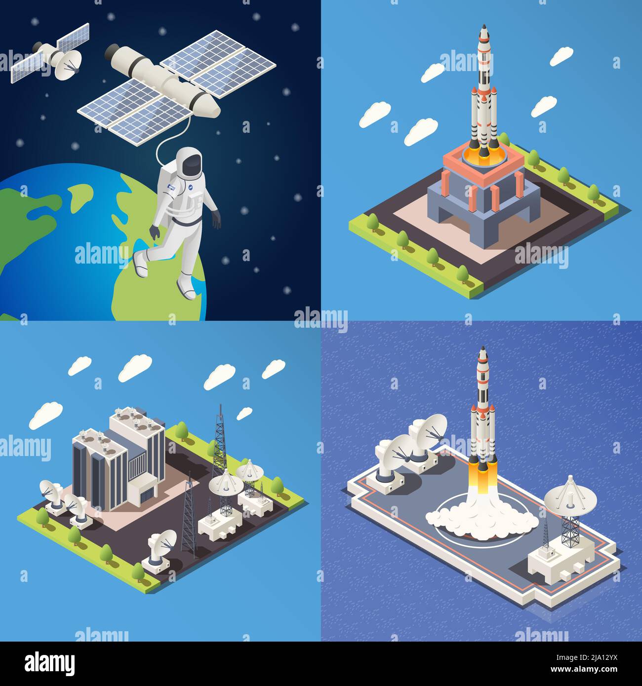 Isometric 2x2 design concept with research command center launching ...