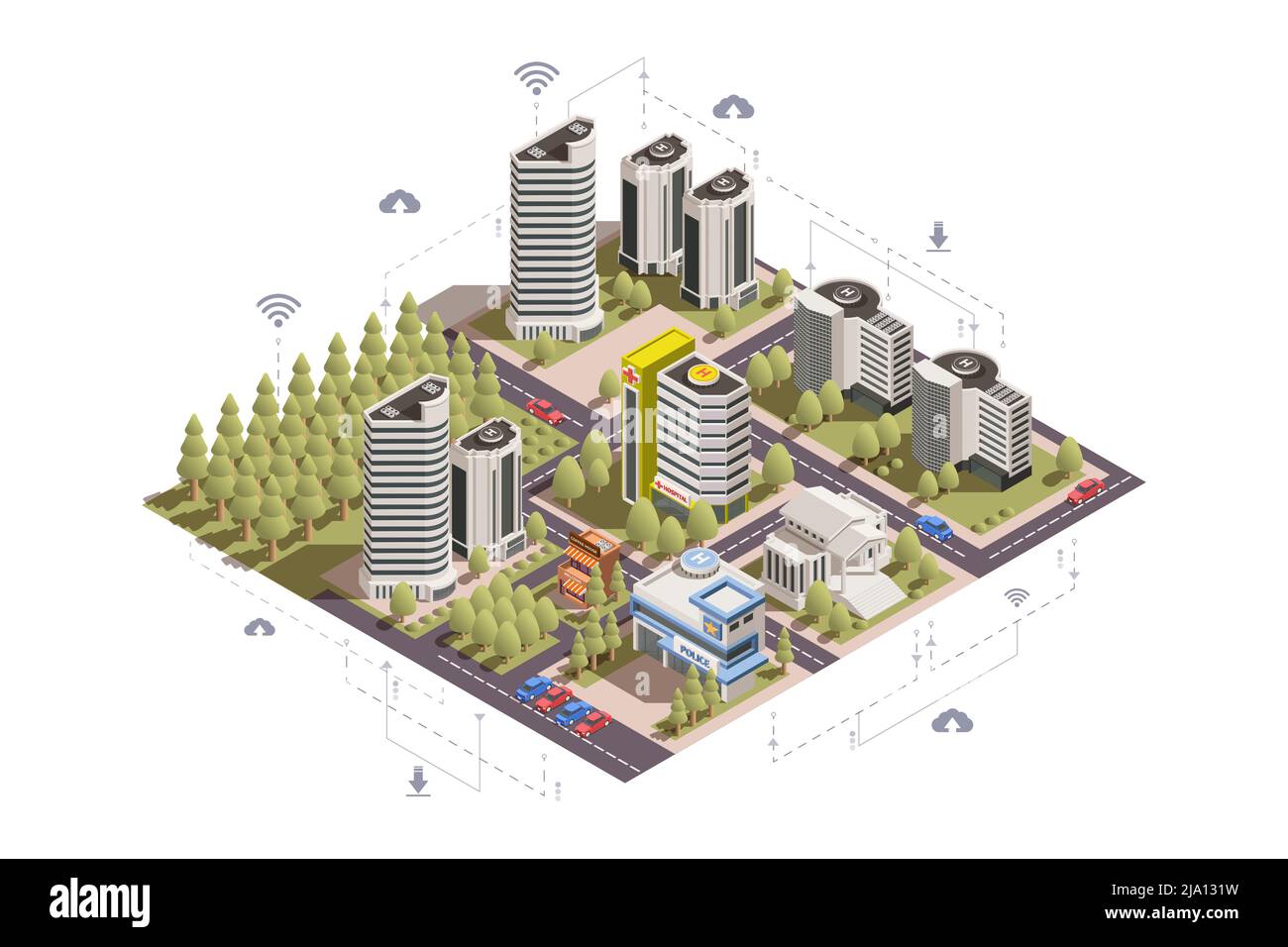 3d concept of modern smart city with skyscrapers public places roads ...