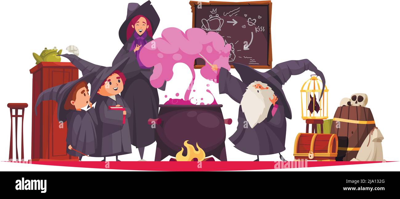 Magic school composition with cartoon style characters of students and ...