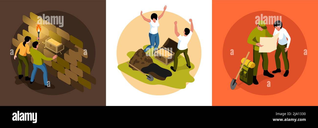 Isometric treasure hunt design concept with round compositions of ...