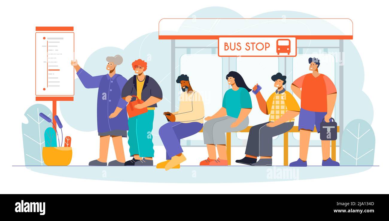 Public transportation service bus tram stop flat compositions with ...