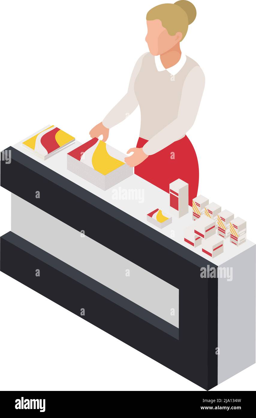 Female promoter standing at exhibition promotional stand with leaflets ...