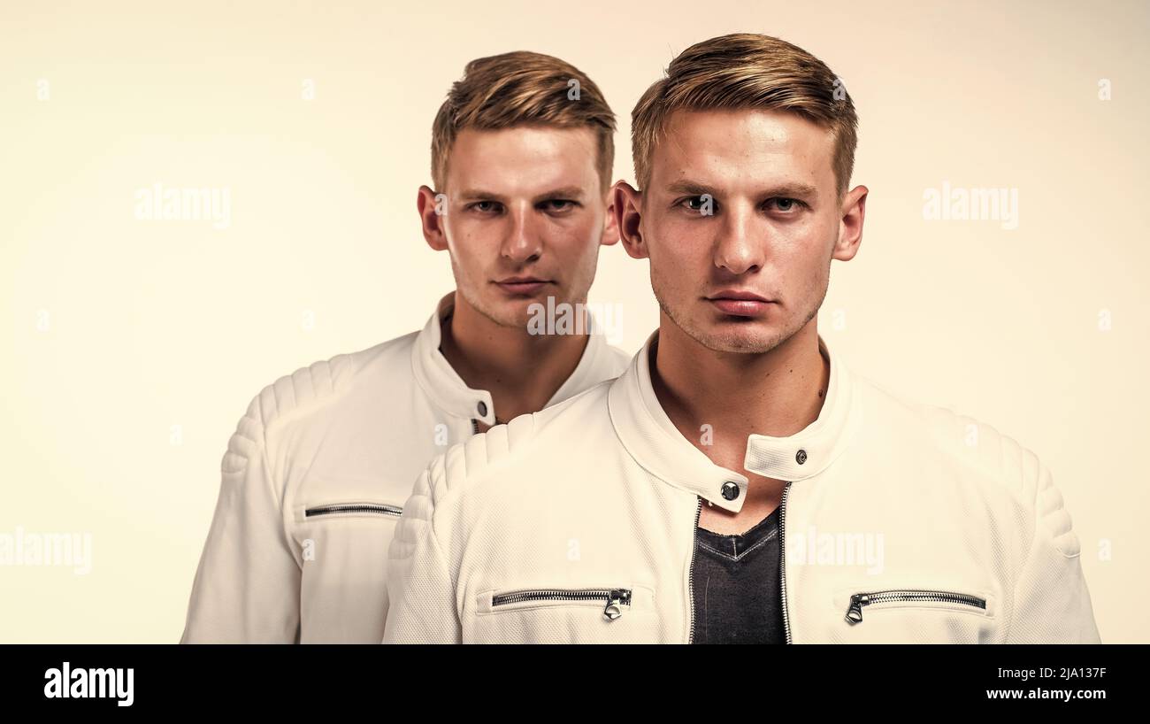 Find differences. twins brother in white. male beauty and fashion ...