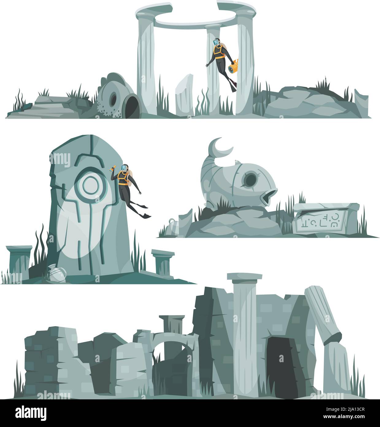 Atlantis ruins isolated compositions set of ancient pavilion rotunda ...