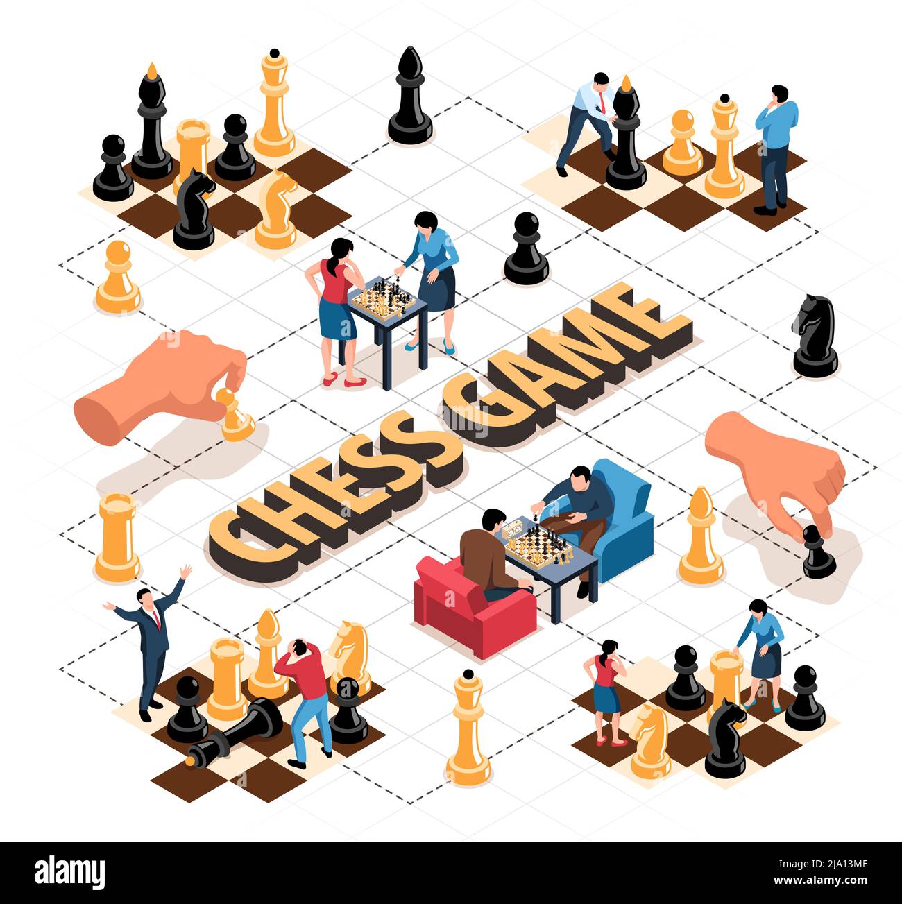 Isometric chess flowchart composition with text human hands moving ...