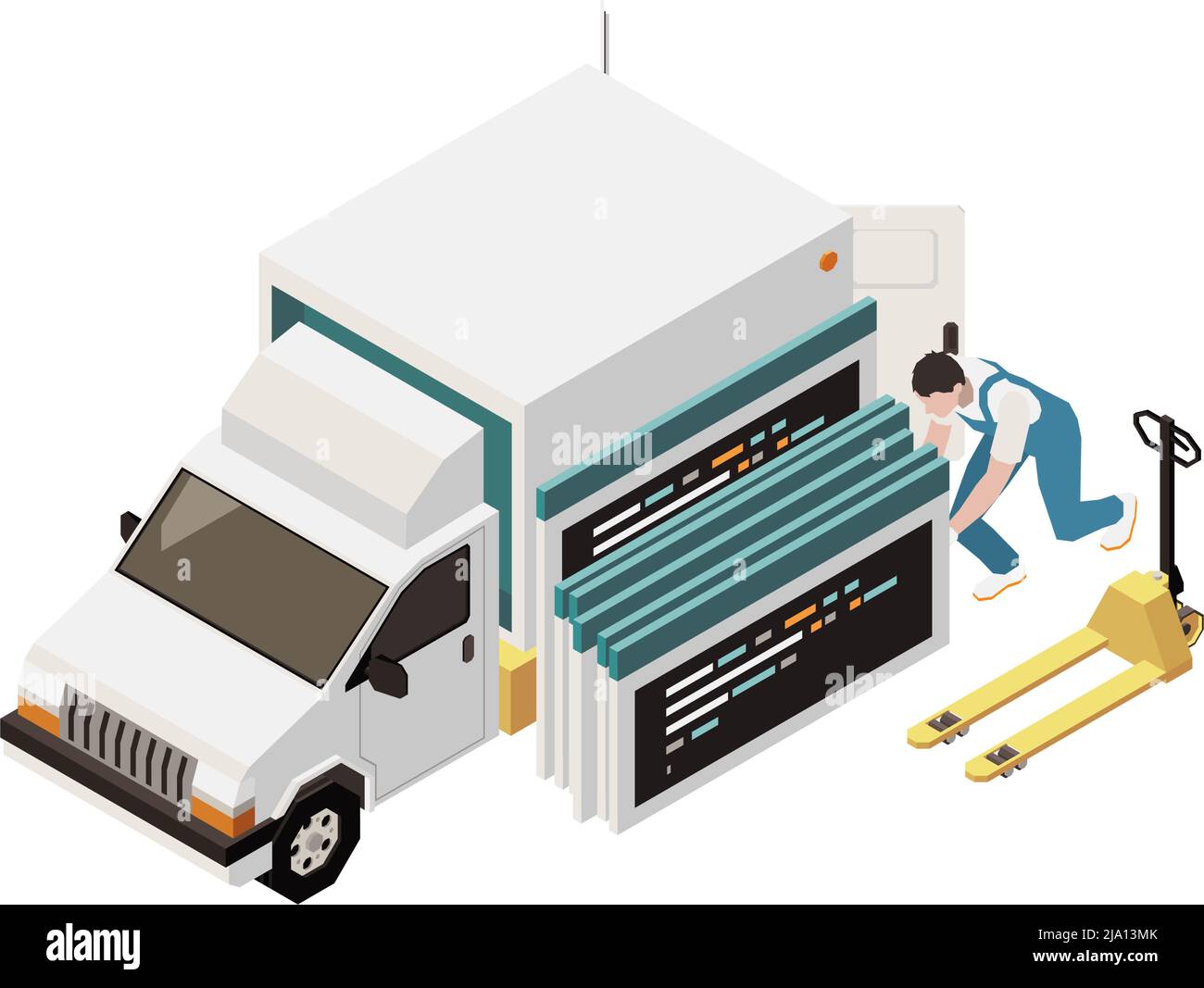 Programming development isometric composition with character of worker unloading screens with ...
