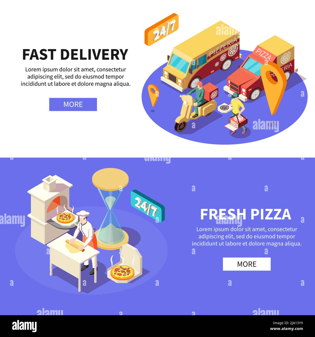 Pizza production pizzeria isometric set of horizontal banners with text ...