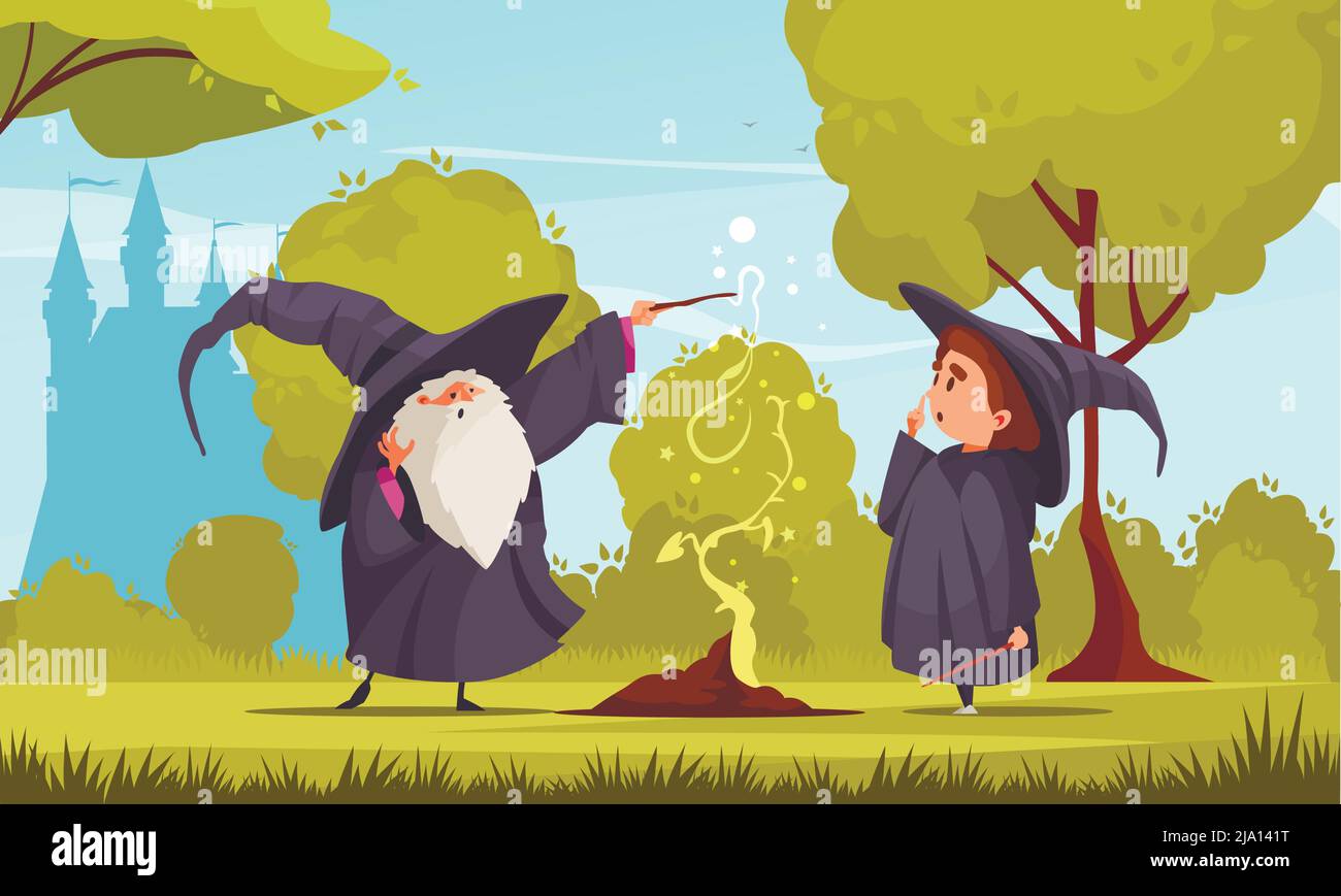 Magic school composition with outdoor scenery silhouette of ancient ...