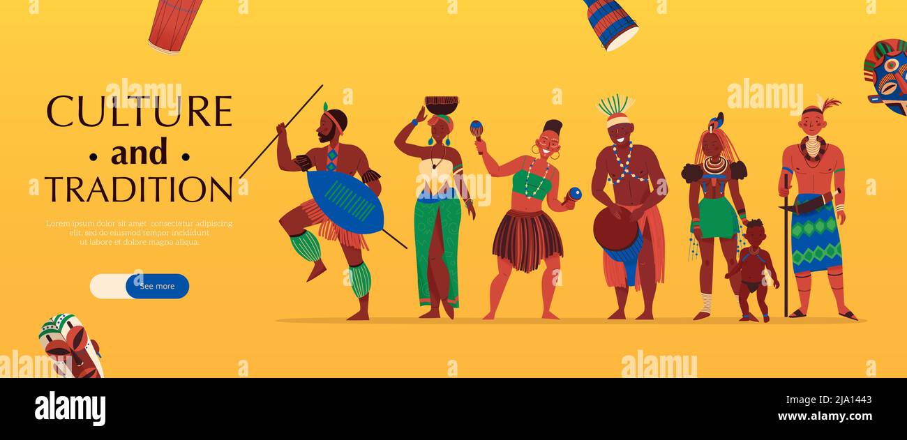 Africa horizontal banner with characters of african tribe members ...