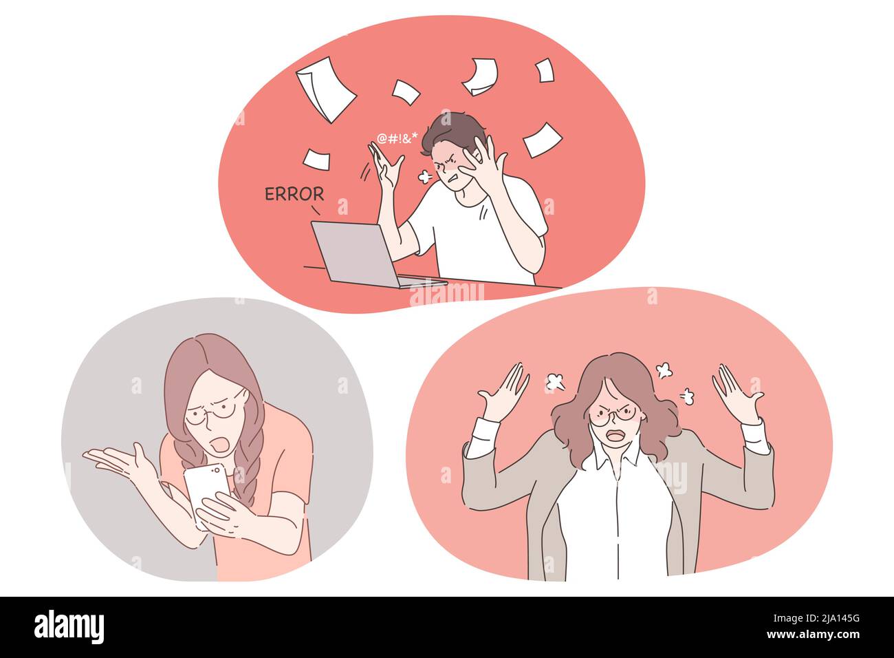 Stress, overwork, overload concept. Unhappy depressed angry young people office workers feeling ...