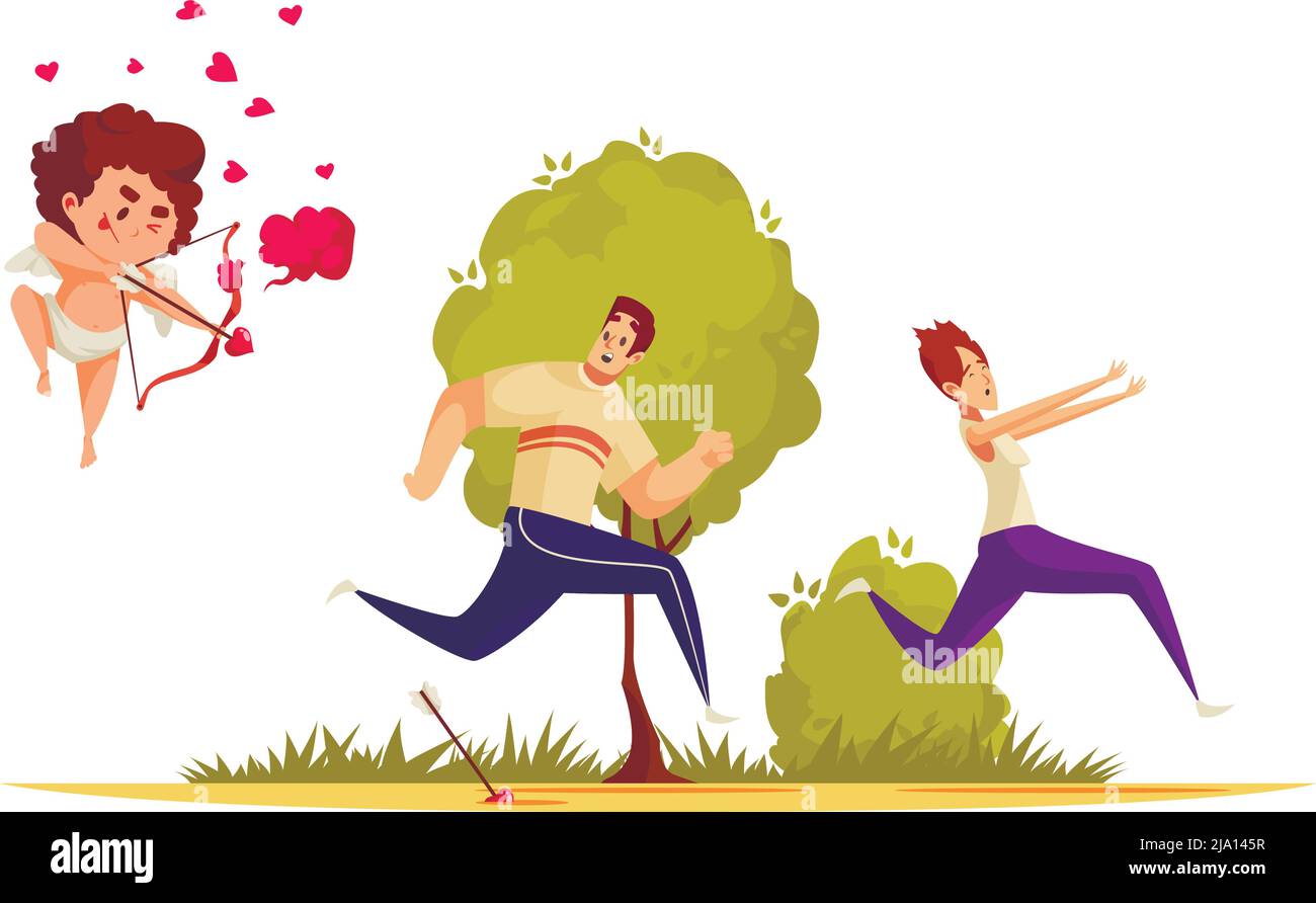 Amur cupid valentine day composition with running couple pursued by bow ...