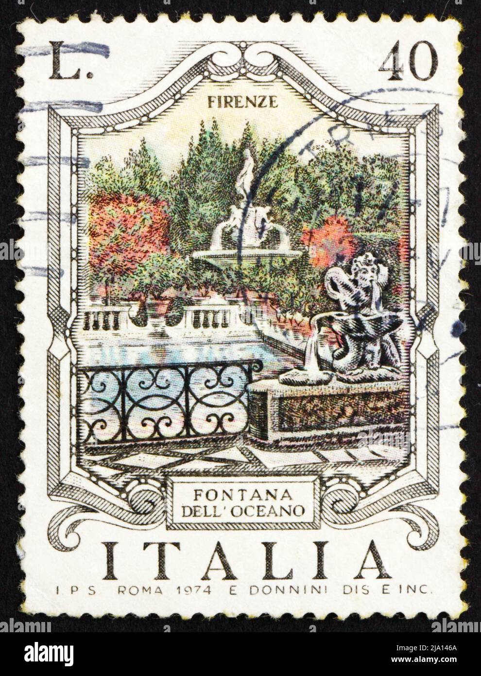 ITALY - CIRCA 1974: a stamp printed in the Italy shows Oceanus Fountain ...
