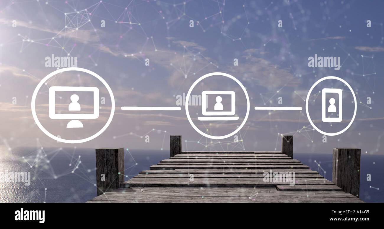 Image of network of connections and icons over bridge Stock Photo - Alamy