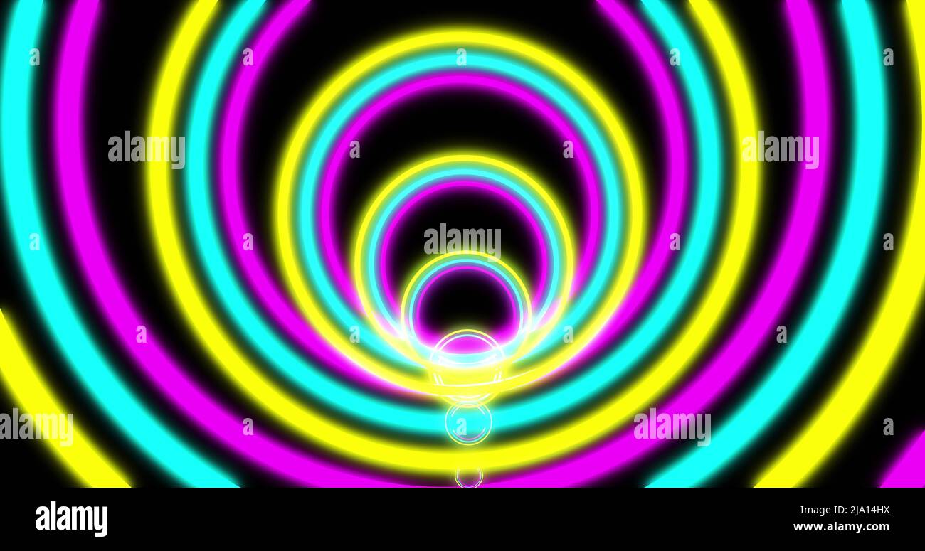 Image of purple blue and yellow circles neon pattern moving in hypnotic ...