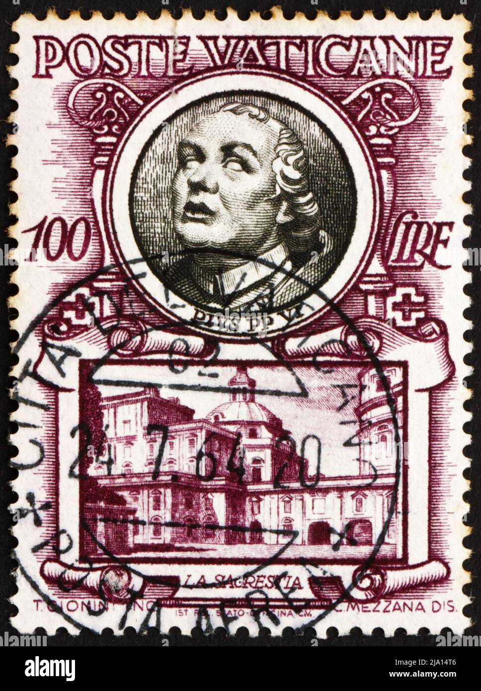 VATICAN - CIRCA 1953: a stamp printed in the Vatican shows Pope Pius VI ...