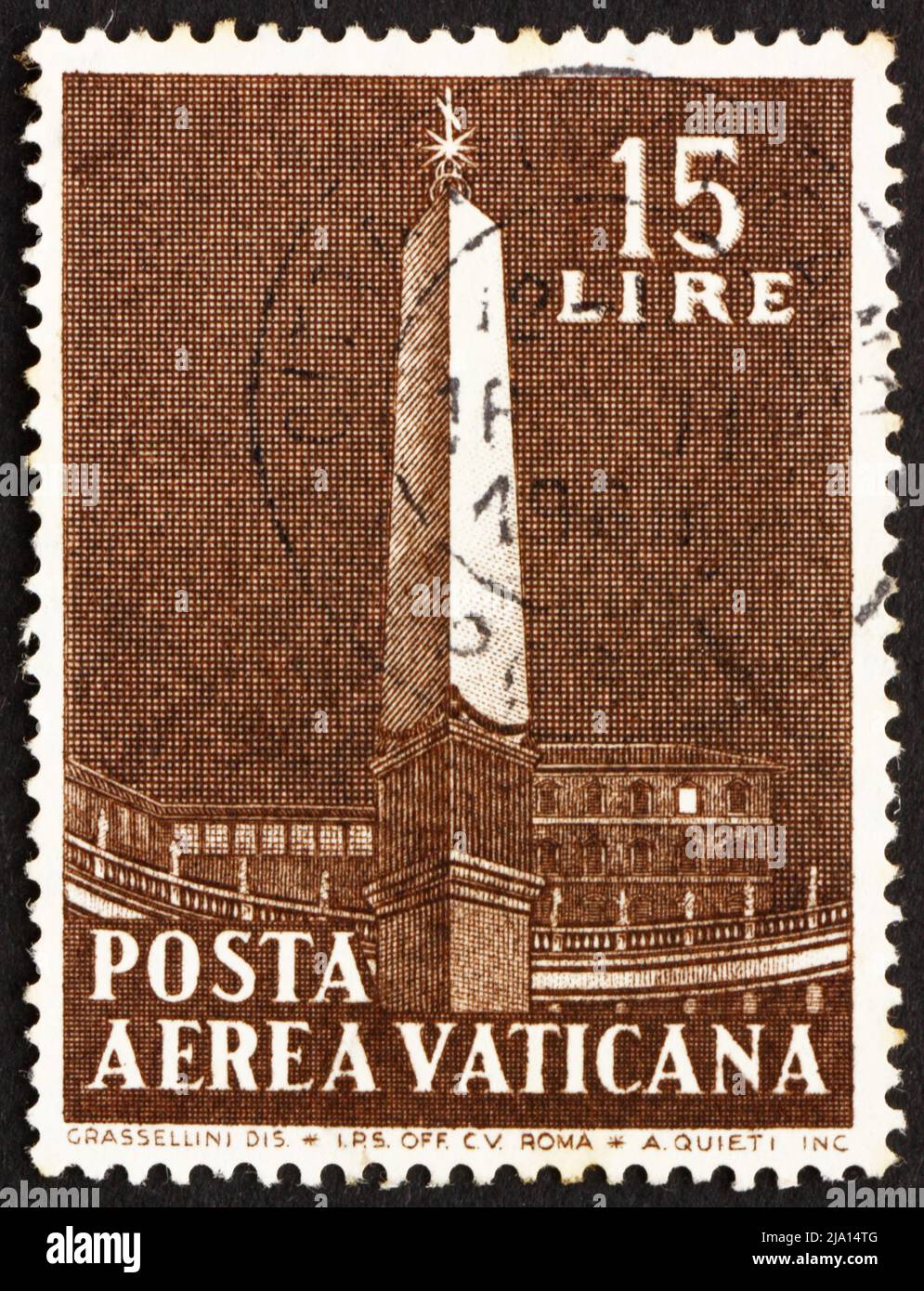 VATICAN - CIRCA 1959: a stamp printed in the Vatican shows The Vatican Obelisk in the middle of ...