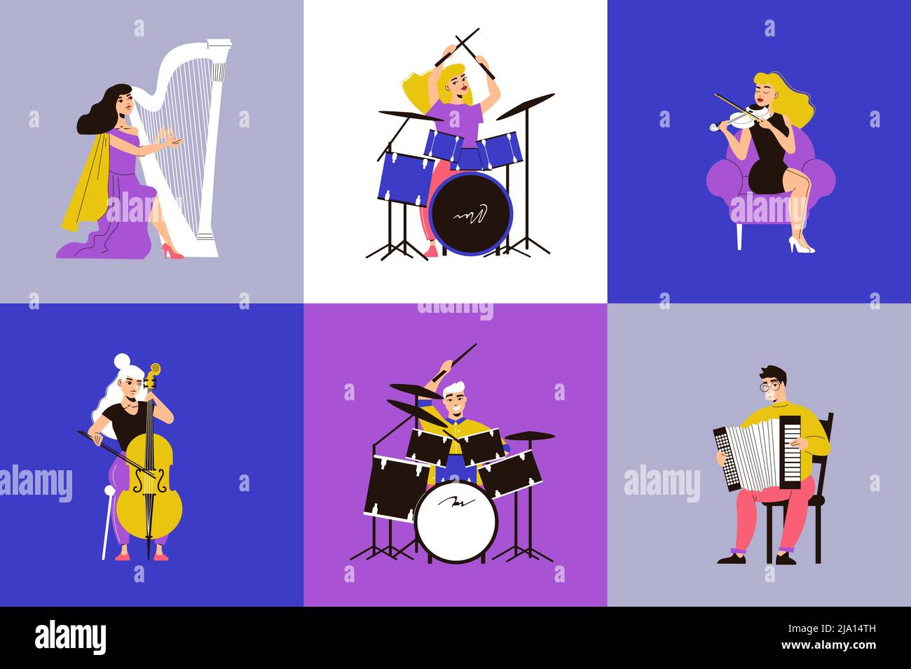 Musicians design concept with set of six square compositions with ...