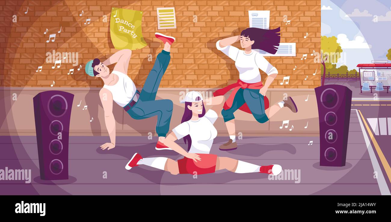 Dancer street flat composition with backstreet scenery and group of ...