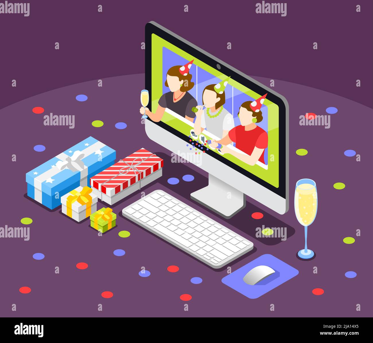 Remote quarantine party isometric background with online meeting ...