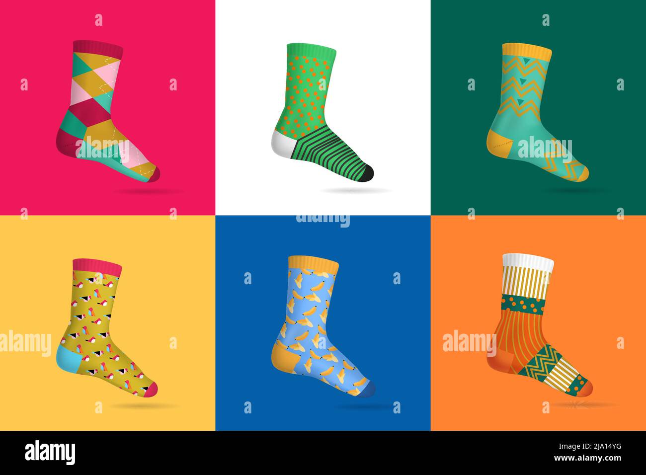 Realistic design concept set of six multicolored socks for woman on ...