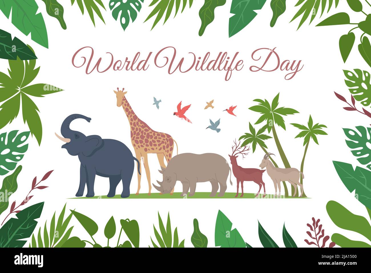 World wildlife day card flat composition with ornate text floral frame ...