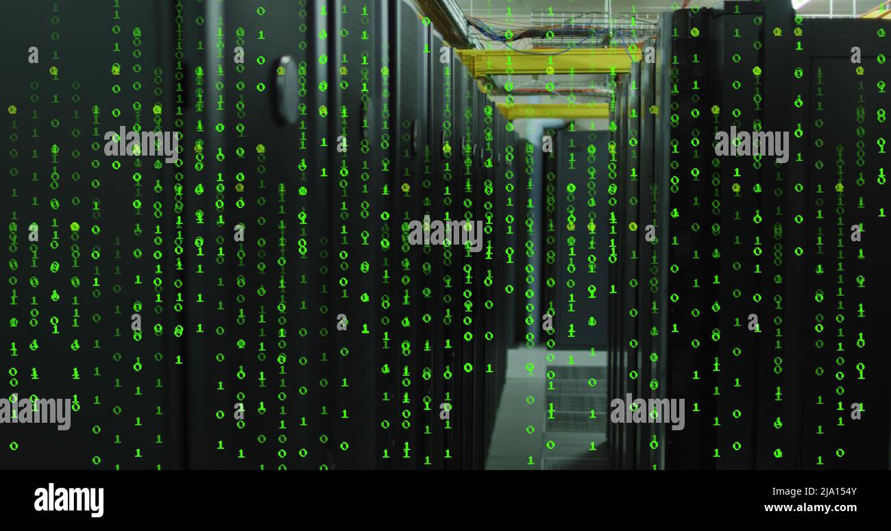 Image of green numbers falling over servers Stock Photo - Alamy