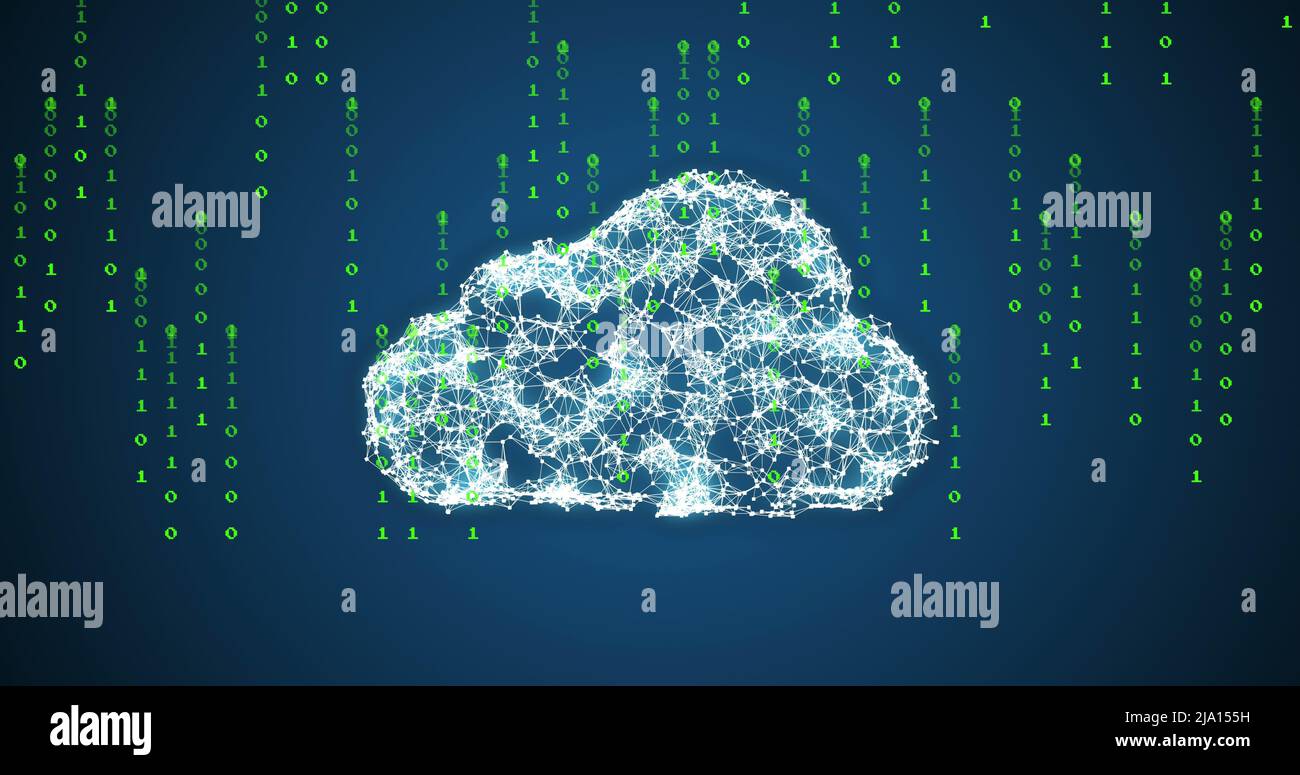 Image of green numbers falling over digital cloud on blue background ...