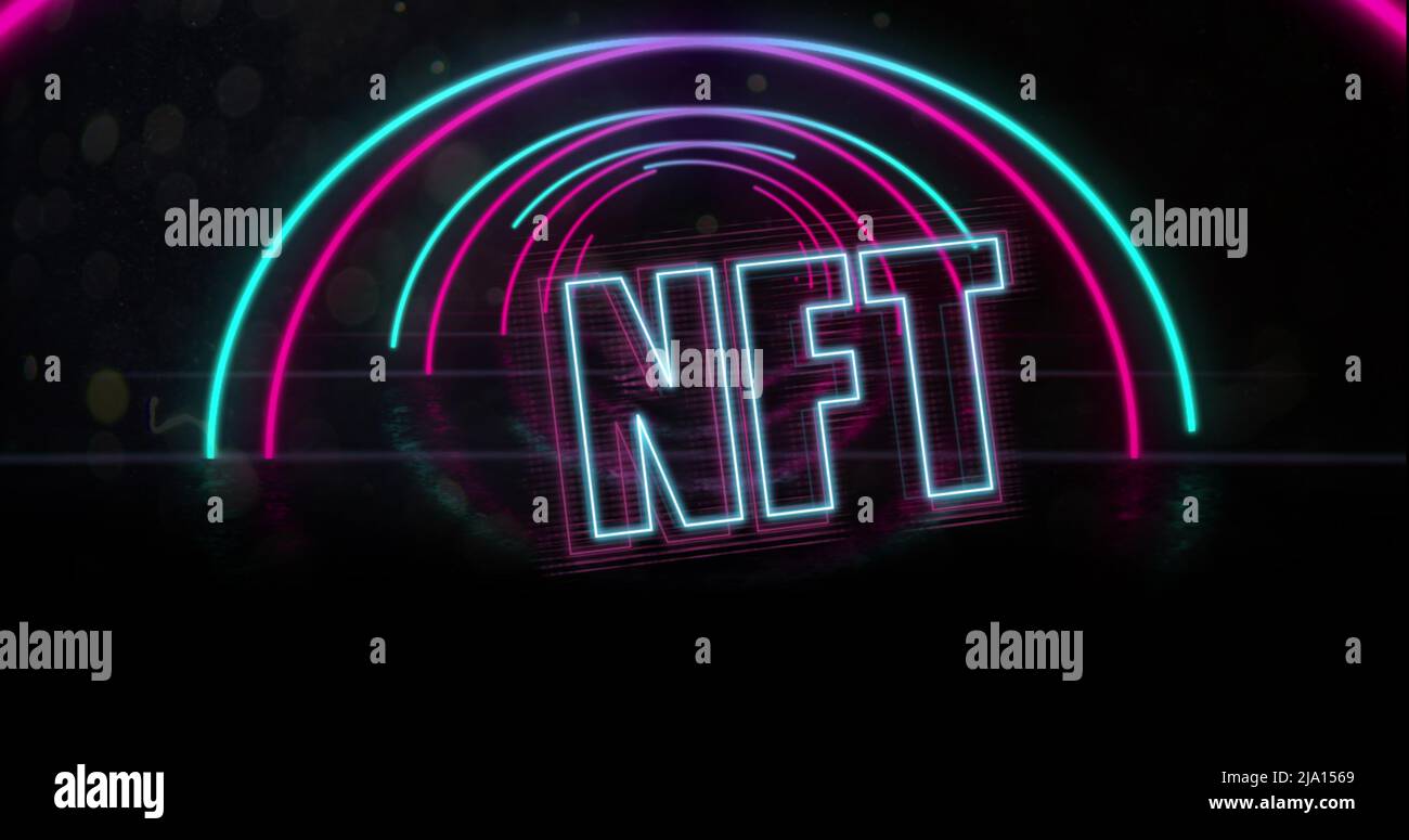 Image of nft over tunnel made of neon circles on black background Stock ...