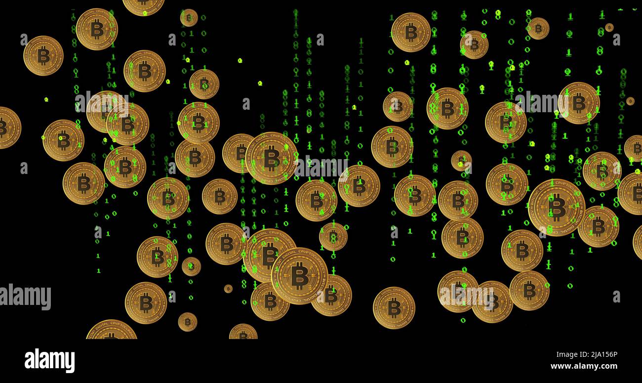Image of bitcoin symbols over black background with green letters Stock ...