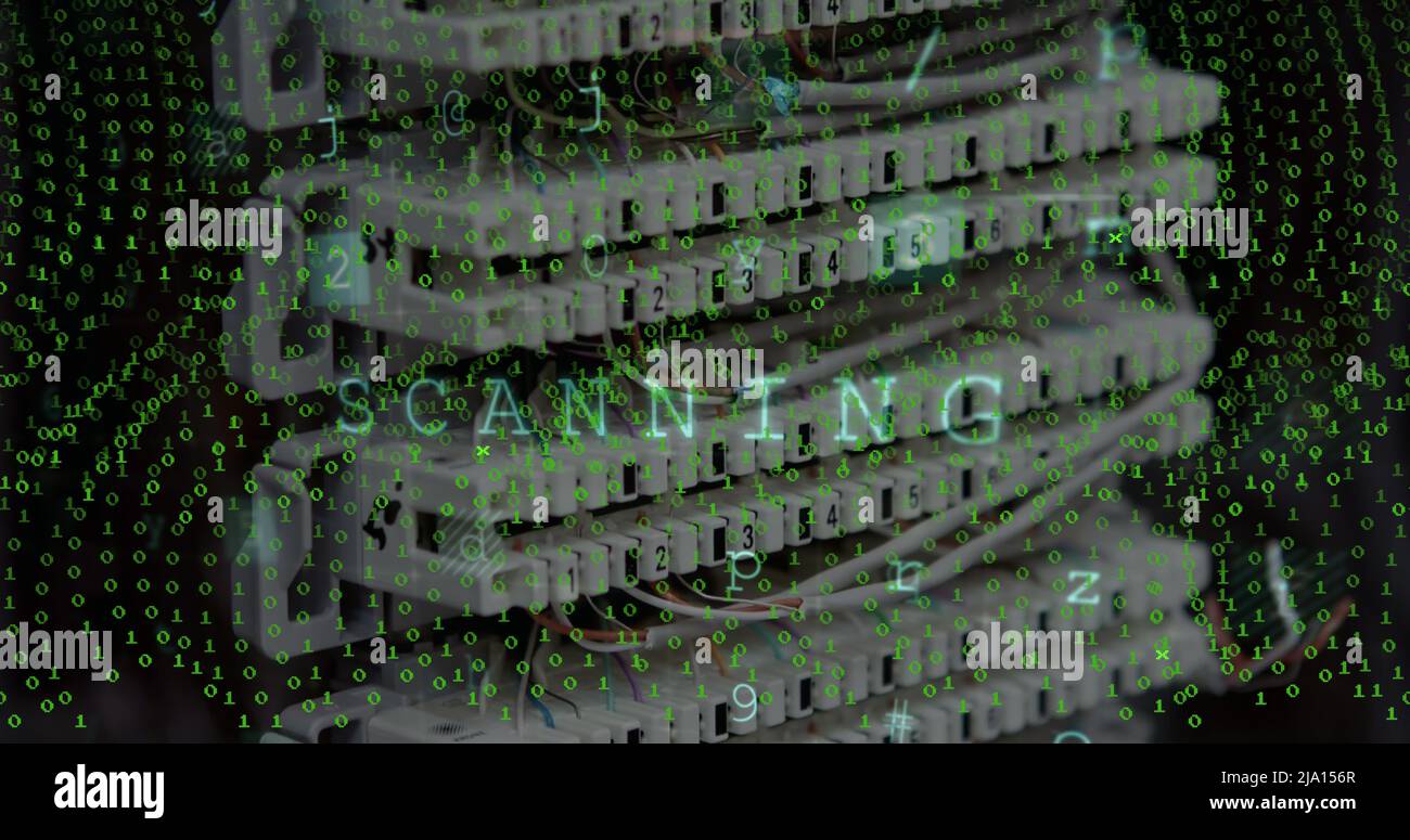 Image of scanning and green numbers falling over computer wires Stock ...