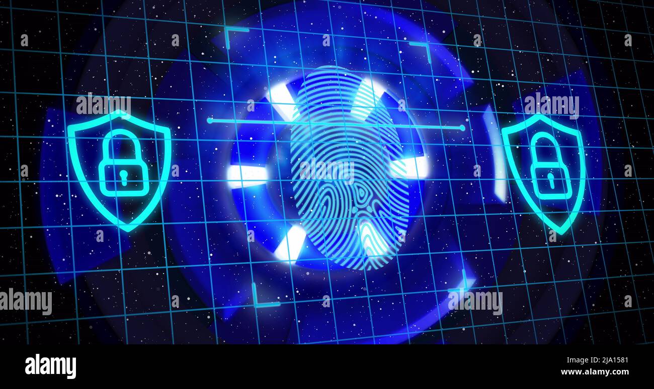 Image of fingerprint in black space with digital padlocks on shields ...