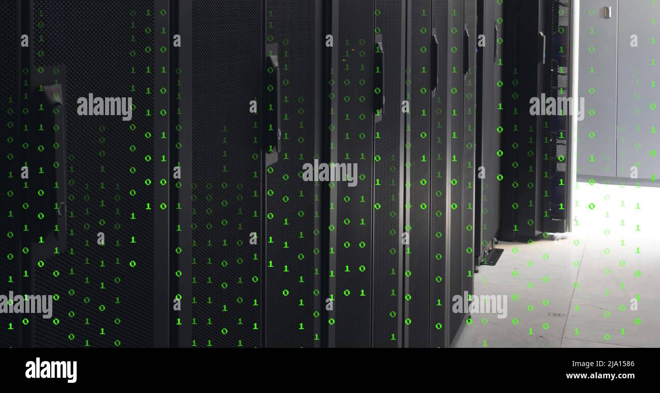 Image of green numbers falling over servers Stock Photo - Alamy