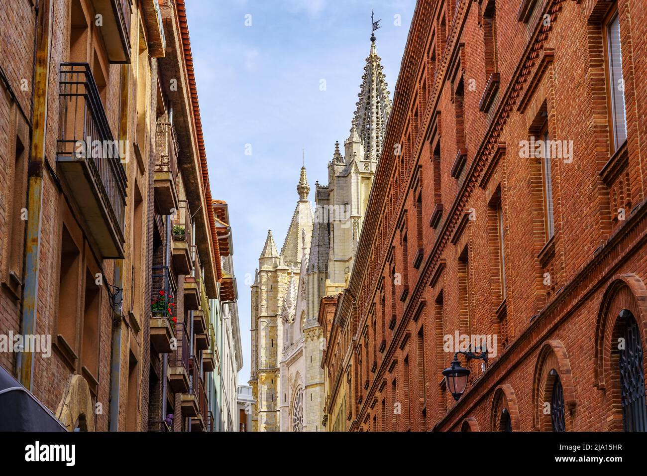 Towers of the Unesco Cathedral of Leon emerging above the old buildings ...
