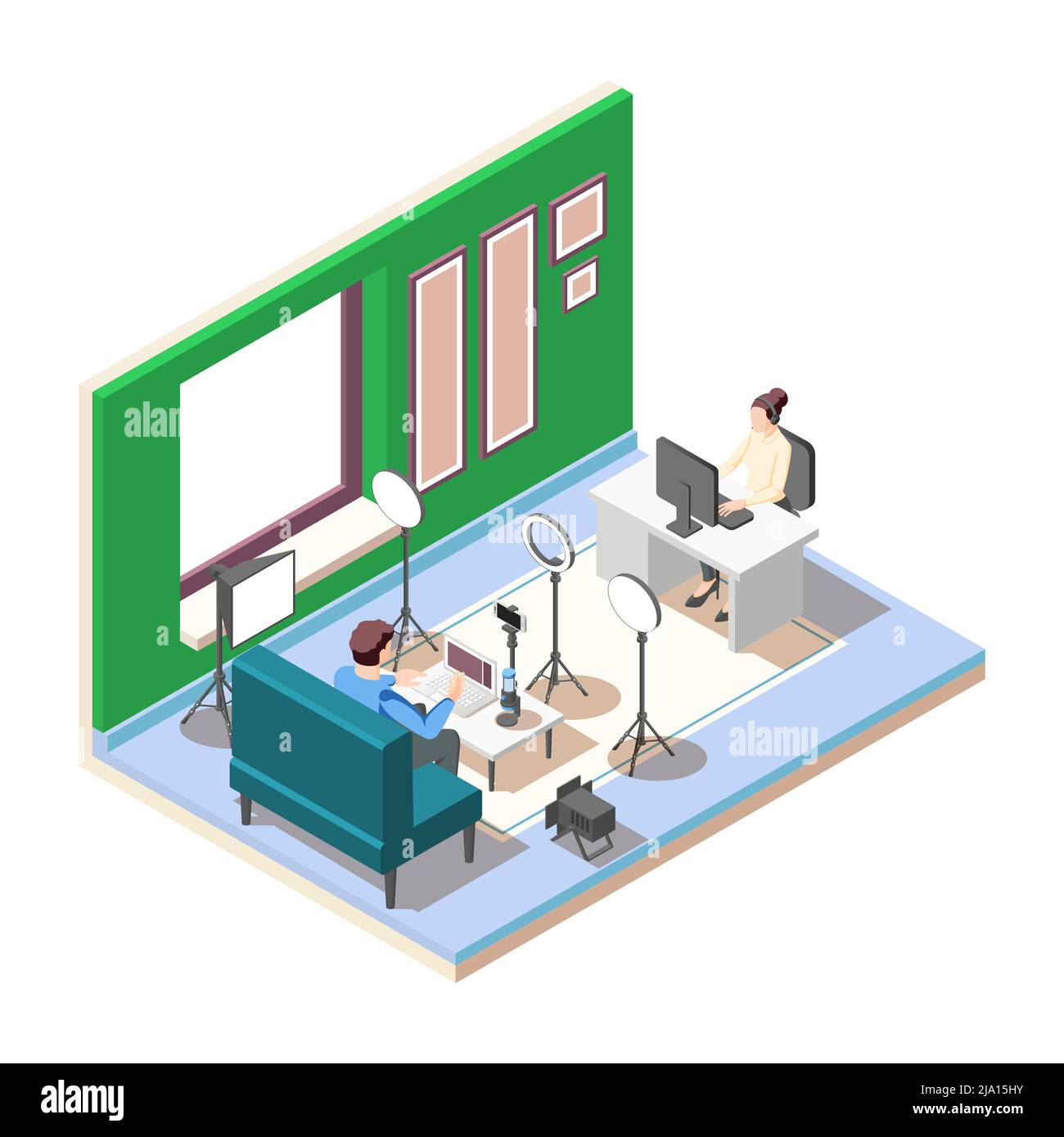Vlogger streaming video in studio with professional equipment isometric ...