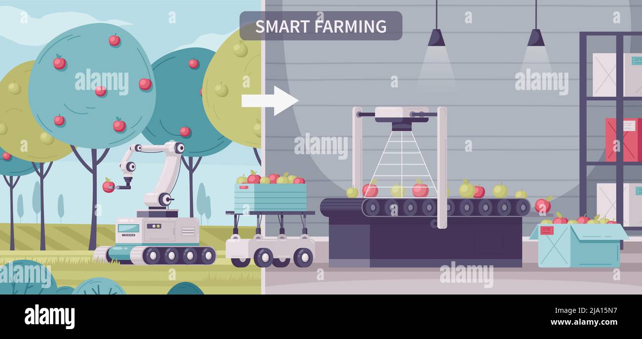 Smart farming cartoon composition with text and views of outdoor garden ...